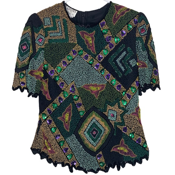 Vintage | Tops | Vintage 98s Silk Multicolored Sequined Beaded Blouse Top Carina Small | Poshmark